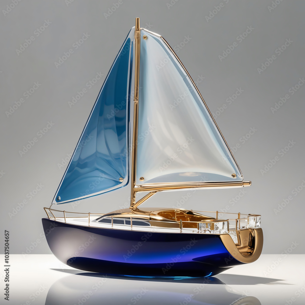 Stylized glass sculpture of a modern sailboat with glossy blue hull ...