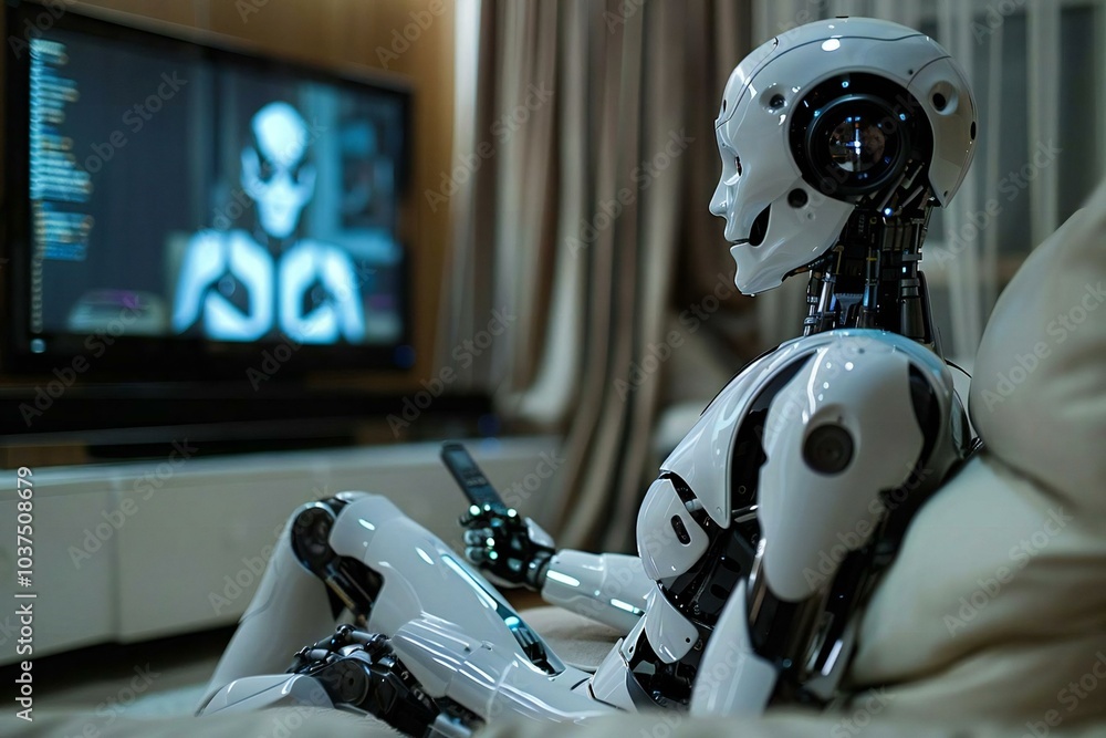 Humanoid robot watching television while sitting on sofa in living room ...