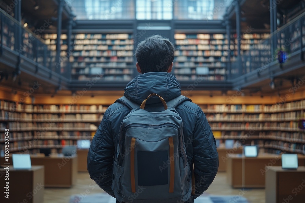 Back view of male student wearing backpack, standing in library ...