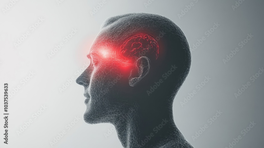 Gray outline of a man head with glowing red areas on the temples and ...