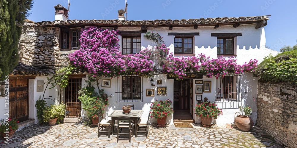 Traditional two-story Mediterranean villa adorned with vibrant pink ...