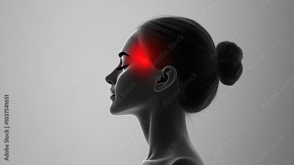 Woman head in profile with a red pain zone on the top of the skull ...