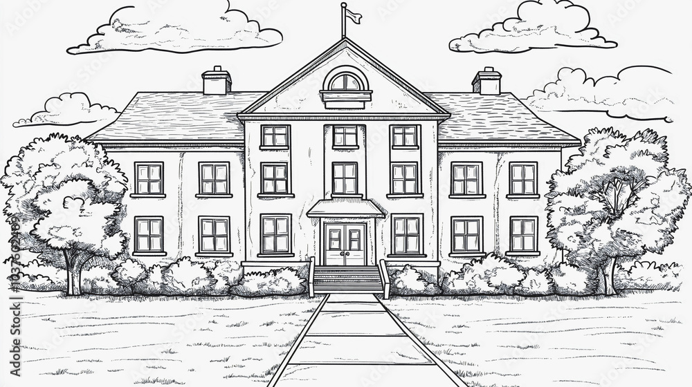 School building and coloring book with page education drawing doodle ...