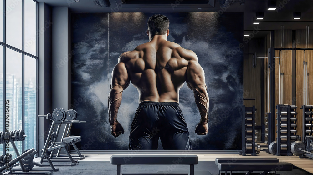 Powerful man flexes muscular physique in dynamic gym poster showcasing ...