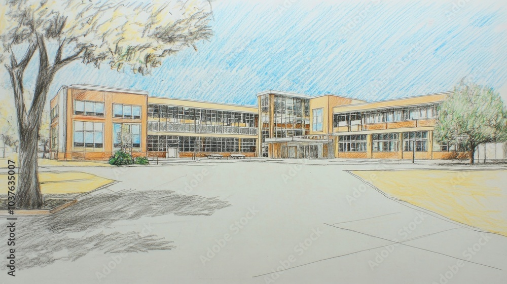 Architectural pencil sketch of a middle school exterior with colored ...