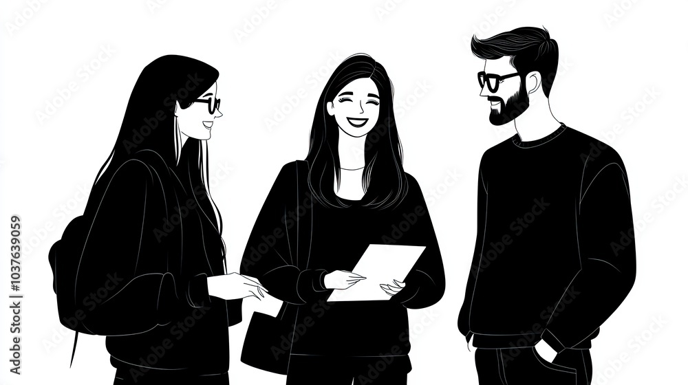 Group of three people collaborating on a project in a black and white ...