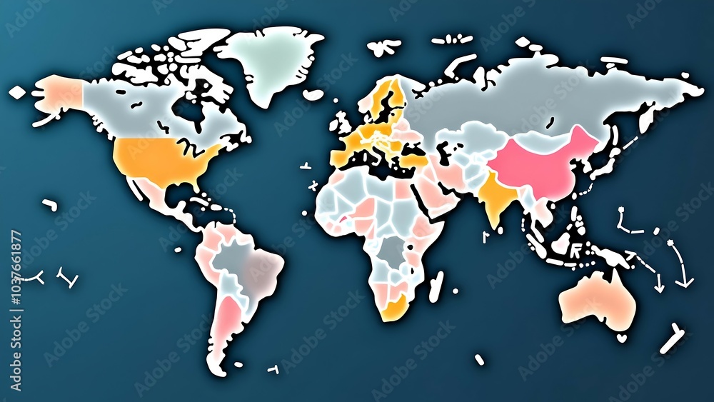 Global Network Map A simplified world map with interconnected nodes and ...