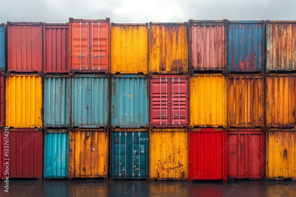 Colorful stacked shipping containers in industrial port, vibrant ...