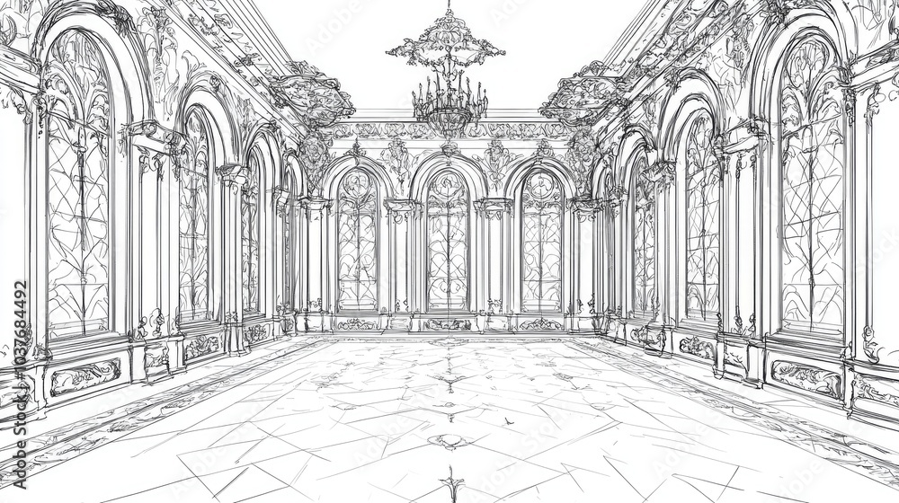 Ilustración de Stock Line art illustration of a Gothic palace ballroom ...