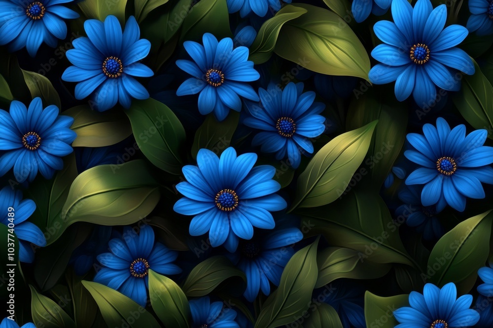 Cornflower field in pixel art style, with bright blue flowers and green leaves rendered in retro ...