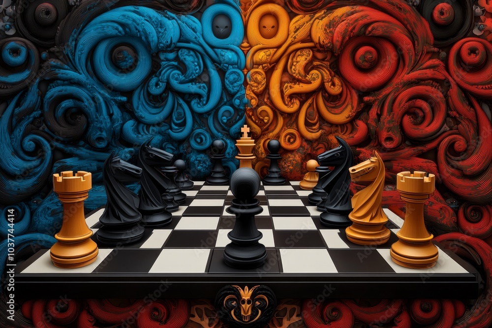 Pixel art chess board, with 8-bit pieces and retro-style graphics ...