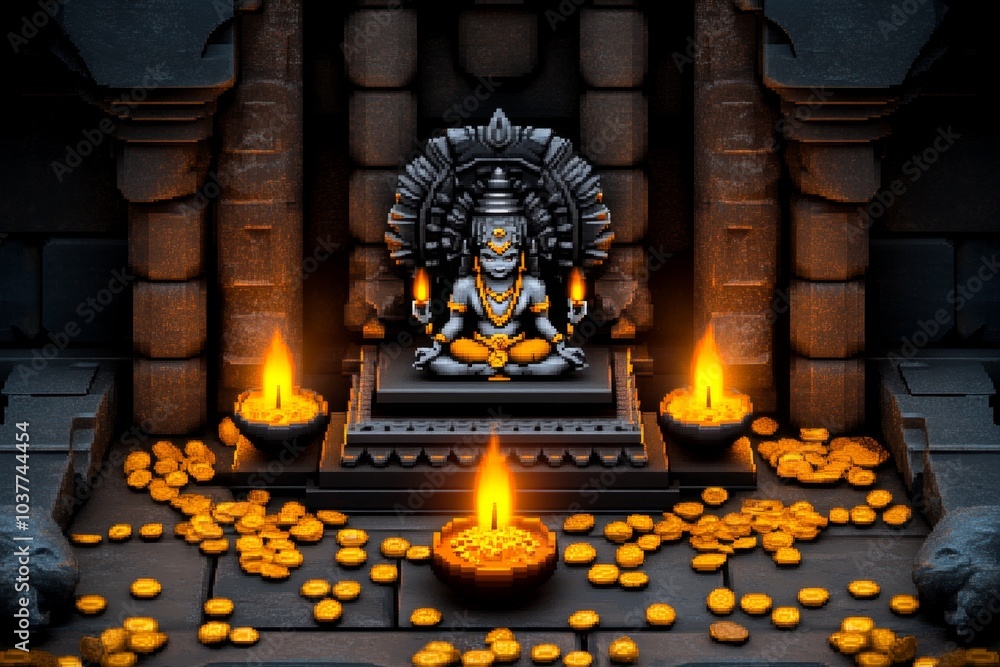 Pixel art of a traditional Dhanteras Puja, with tiny flickering diyas ...