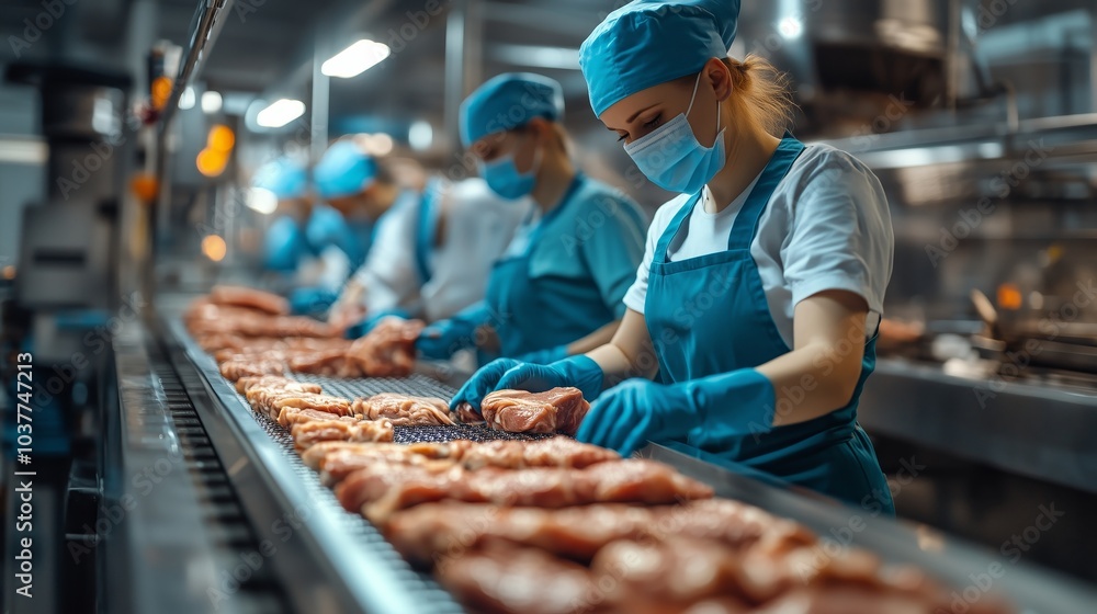 The food production line is in full swing, with workers wearing blue ...
