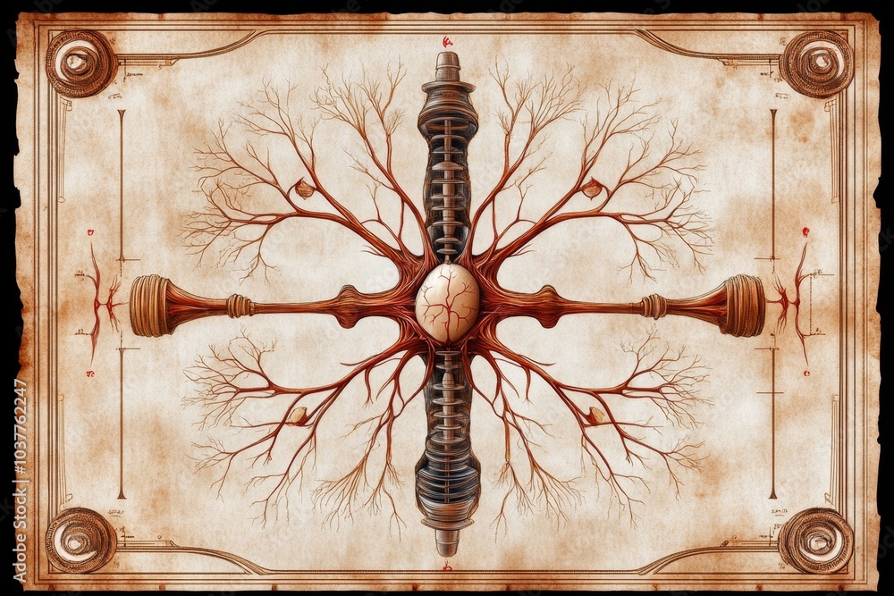 Lymphatic system, illustrated in a retro medical chart style, with old ...