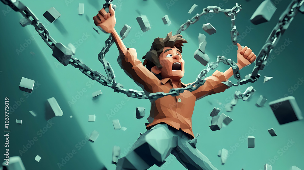 3D Cartoon Illustration of an Individual Breaking Free from Chains in a ...