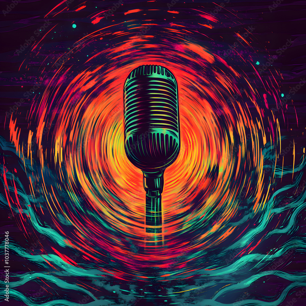 A striking graphic illustration of a glowing microphone, surrounded by ...