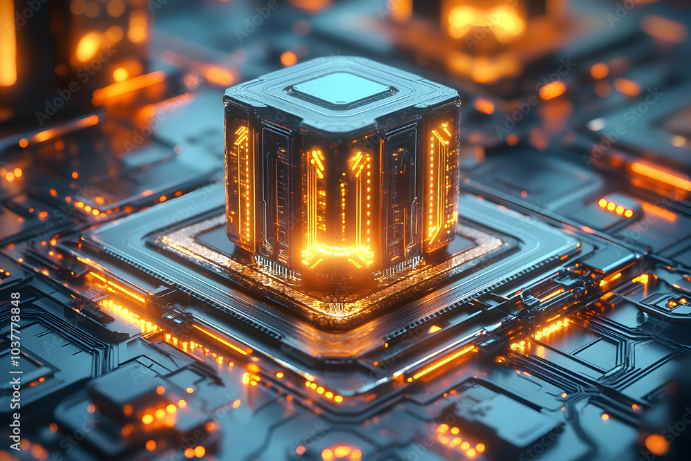 3d cartoon illustration of a complex computing structure with glowing ...