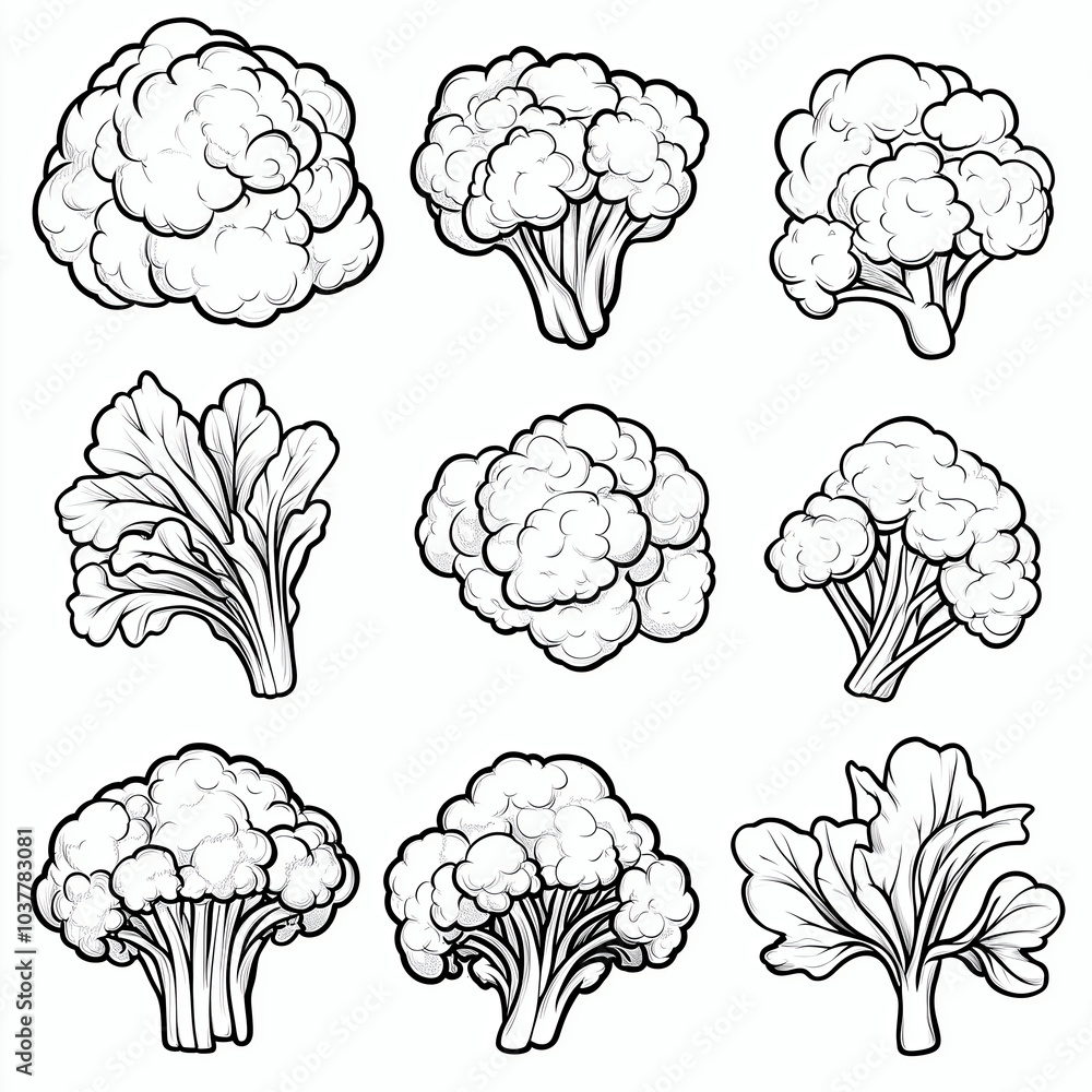 Cauliflower line art coloring page vector illustration set collection ...