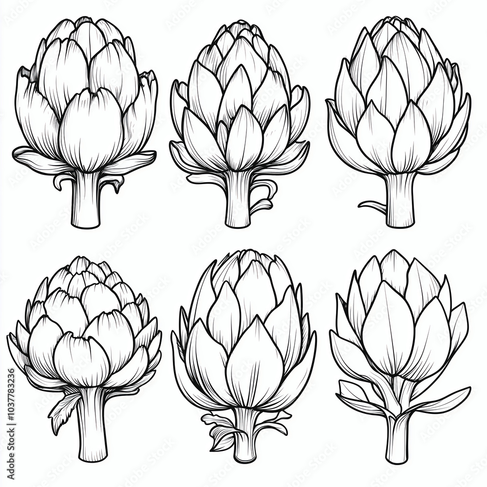 Collection of line art vector illustrations featuring artichokes for ...