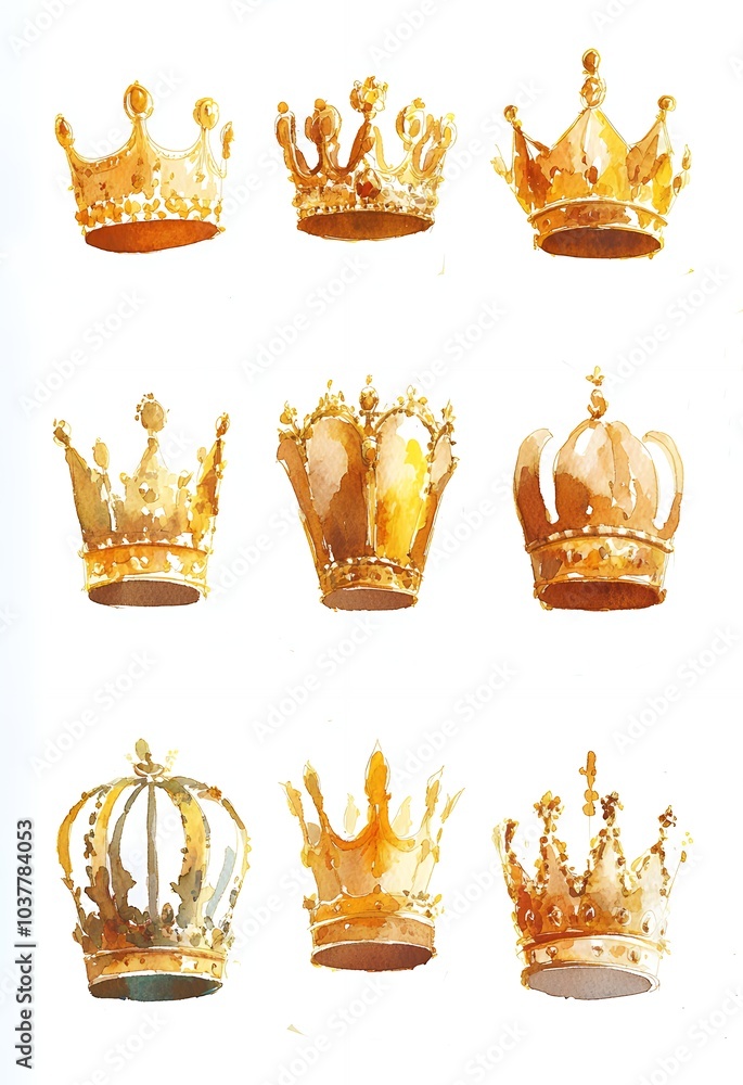 Nine watercolor illustrations of golden crowns against a white ...