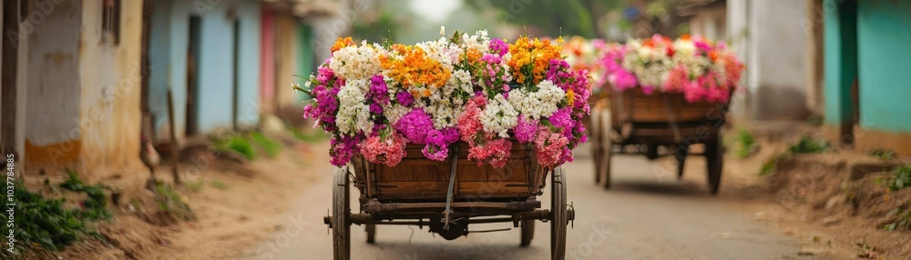 Colorful flower carts lined along a quaint street, showcasing vibrant ...