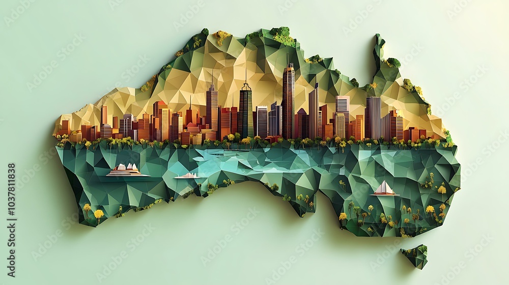 A modern map of Australia with geometric shapes and a muted color ...