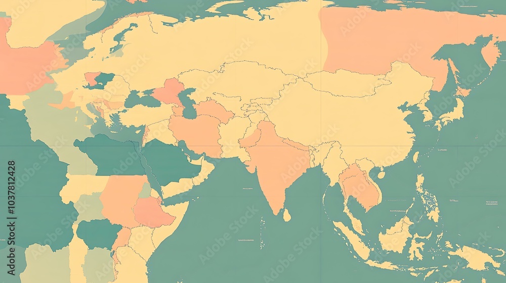 A contemporary map of Asia with a flat design, using soft colors to ...
