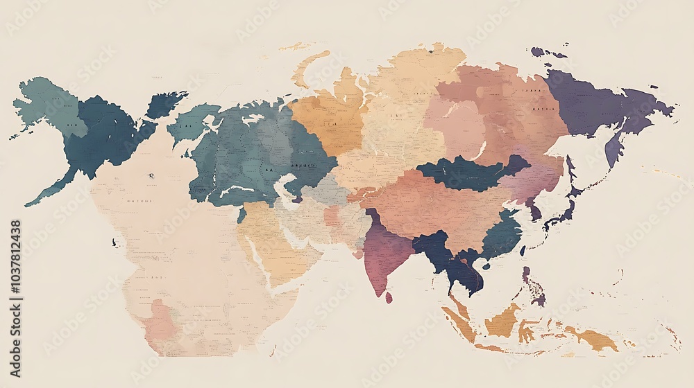 A contemporary map of Asia with a flat design, using soft colors to ...