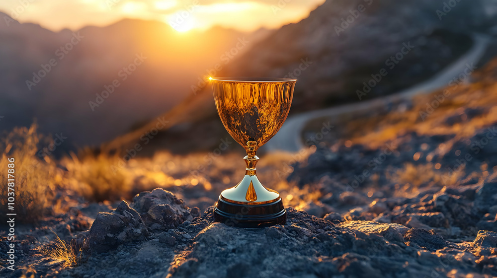 Golden trophy on rocky terrain with a stunning sunset backdrop ...