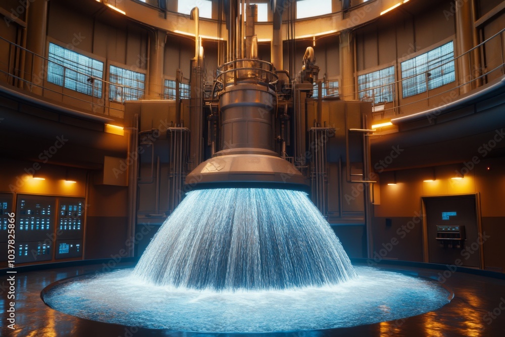 A massive waterfall harnessed by advanced turbines, with smart systems ...