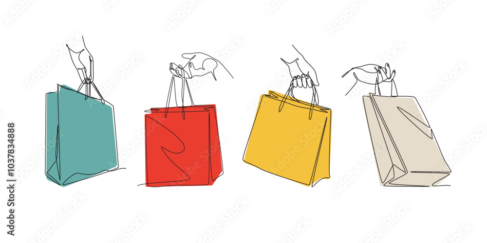set of drawing of hands carrying shopping bag in continuous one line ...