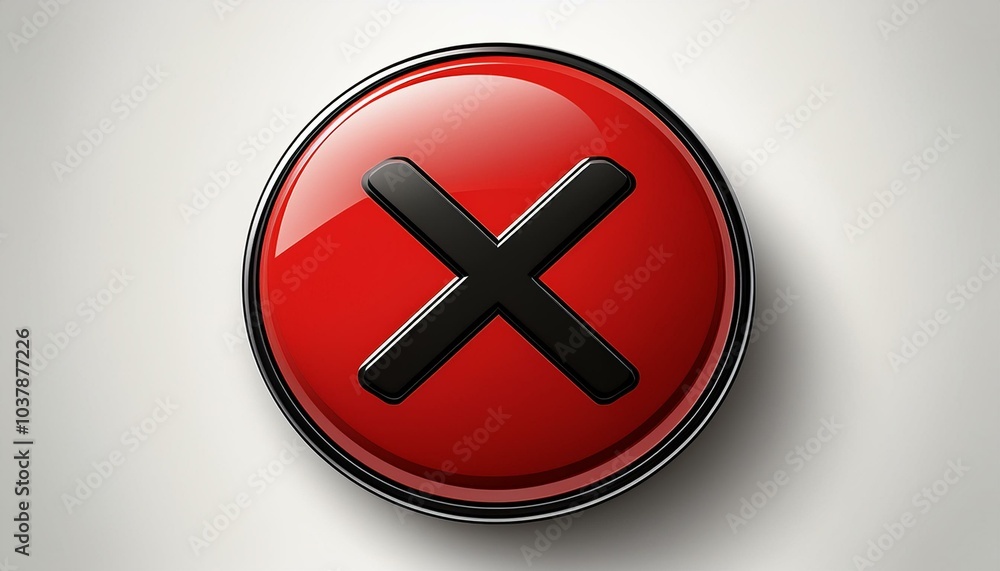 red button with a black cross symbol centered on a clean white ...