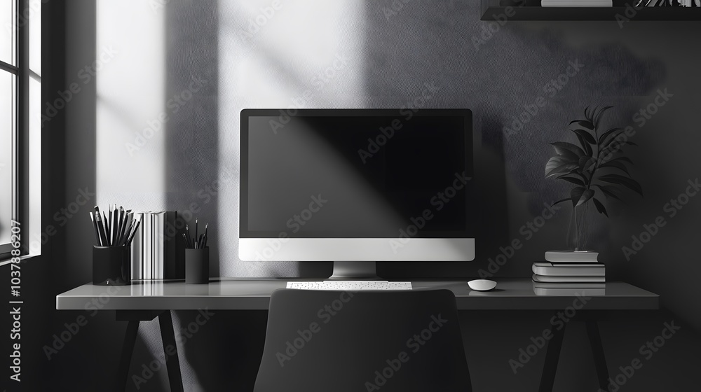 20. Monochrome desk setup with minimal accessories and a sleek chair ...