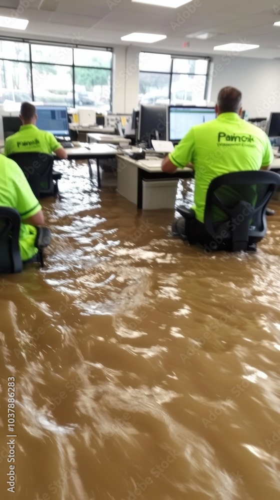 Office Workers Struggling with Flooded Desks and Rising Water Levels in ...