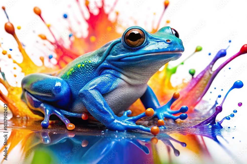 Low angle view blue frog splash explosion color variegated paint burst ...