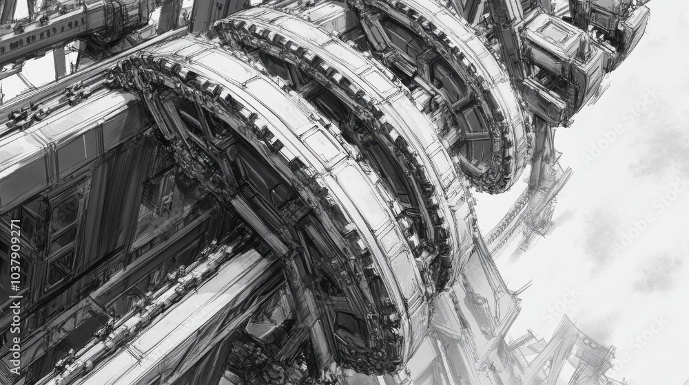 Close-up pencil sketch of roller coaster chain mechanism pulling cars ...