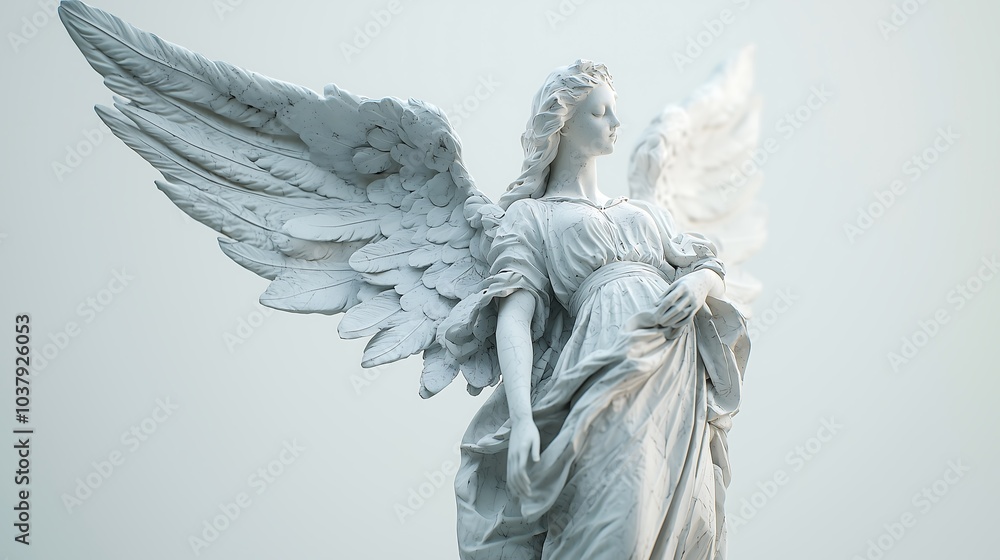 White background, stone statues of goddesses, angels, Athena, beautiful ...