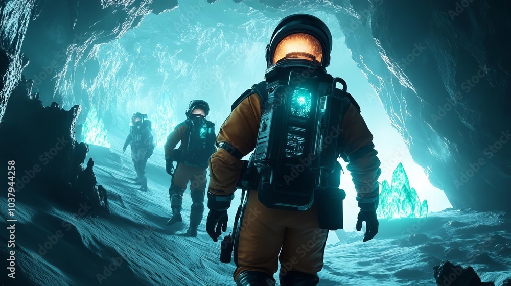 Colonists in exosuits exploring a cave system with glowing alien ...