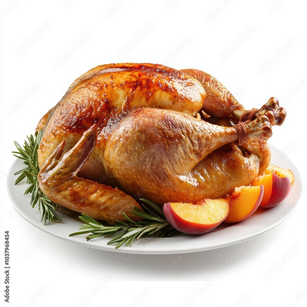Delicious roasted turkey, laying on a plate, isolated on a blank white ...