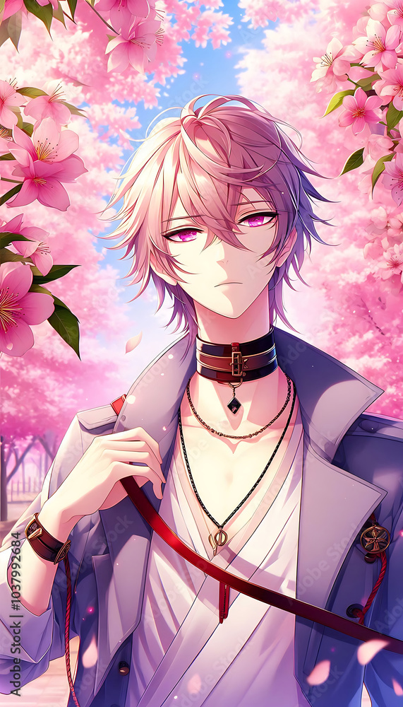 handsome cool japanese anime guy, cherry blossom tree background, anime ...