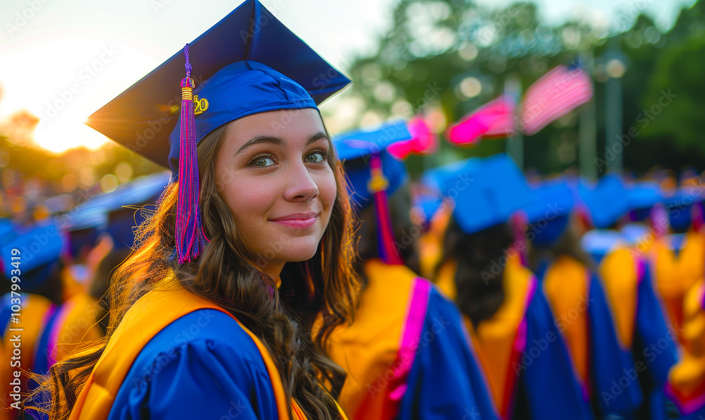 Smiling Graduate in Blue and Gold Cap and Gown at Outdoor Ceremony ...