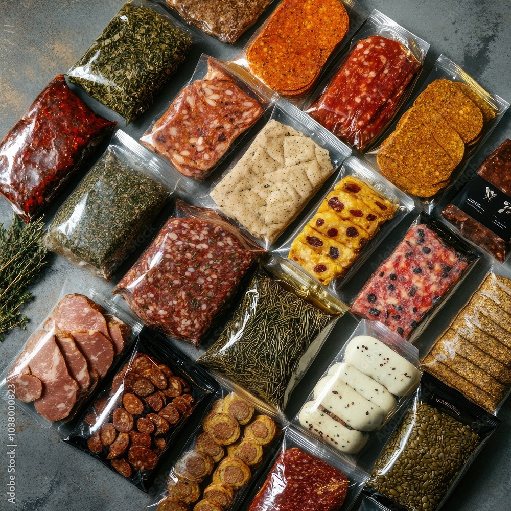 ภาพประกอบ Stock A variety of packaged plant-based meats, displayed in a ...