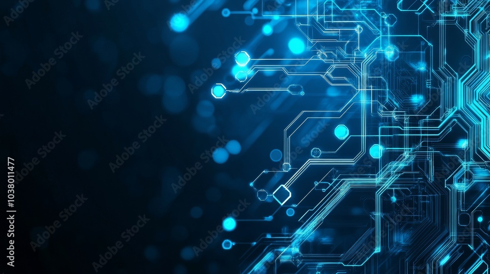 Abstract digital circuitry design with glowing blue elements on a dark ...