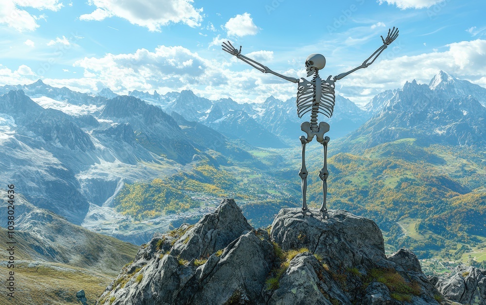 Skeleton Hiking a Mountain. A 3D skeleton standing triumphantly on a ...