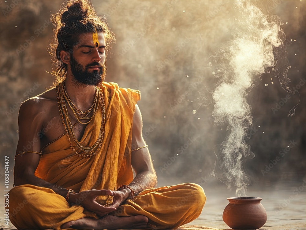 Serene Yogi in Golden Attire: A Tranquil Poster for Fitness Spaces ...