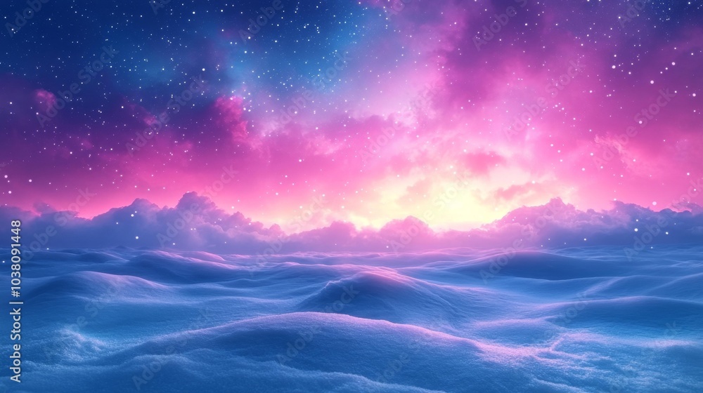 Dreamy pastel snow landscape with soft clouds and starry sky in a ...