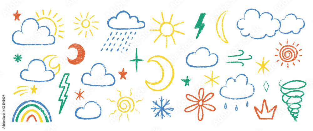 Set of weather symbols with crayon, chalk and pastel texture. Colorful ...
