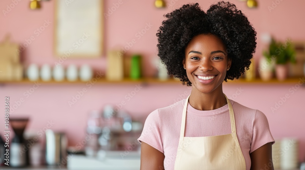 Smiling Business Owner in Modern Cafe Representing Positive Customer ...