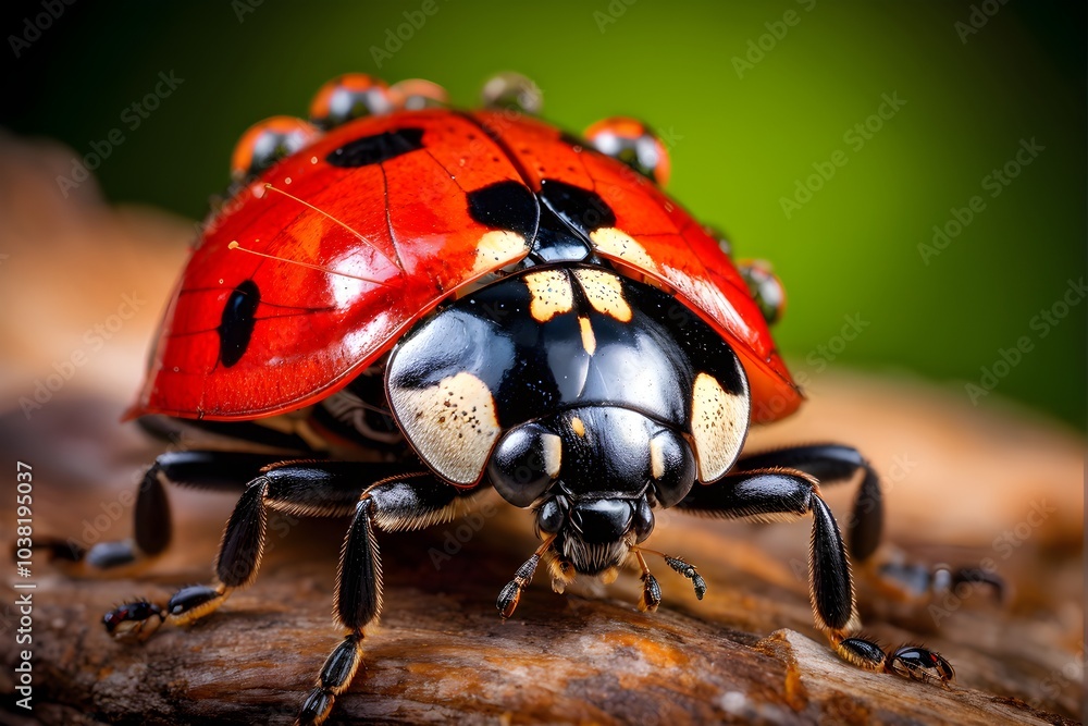 macro of a ladybug (Coccinella septempunctata), revealing the fine ...