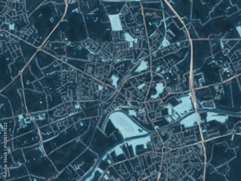 Painterly Style City Map of Menen, Belgium in a Blue Color Scheme ...